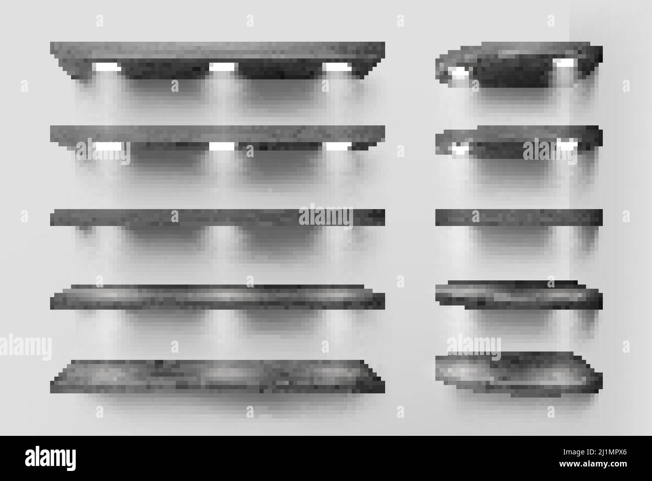 Black wooden shelves with backlight, front and corner racks on white ...