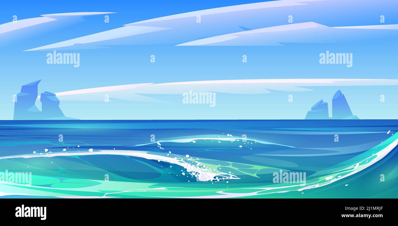 Ocean or sea waves with white foam, nature landscape with fluffy clouds ...