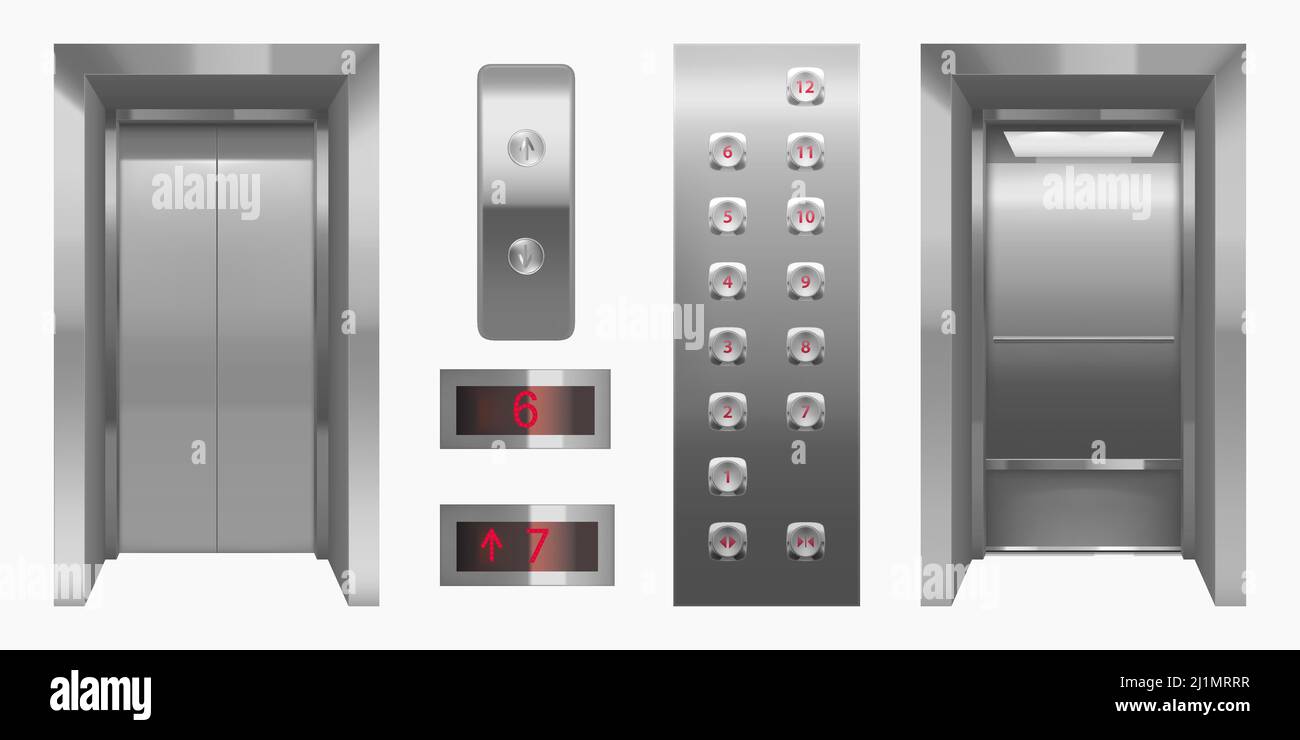Realistic elevator cabin with closed, open doors inside view. Empty ...