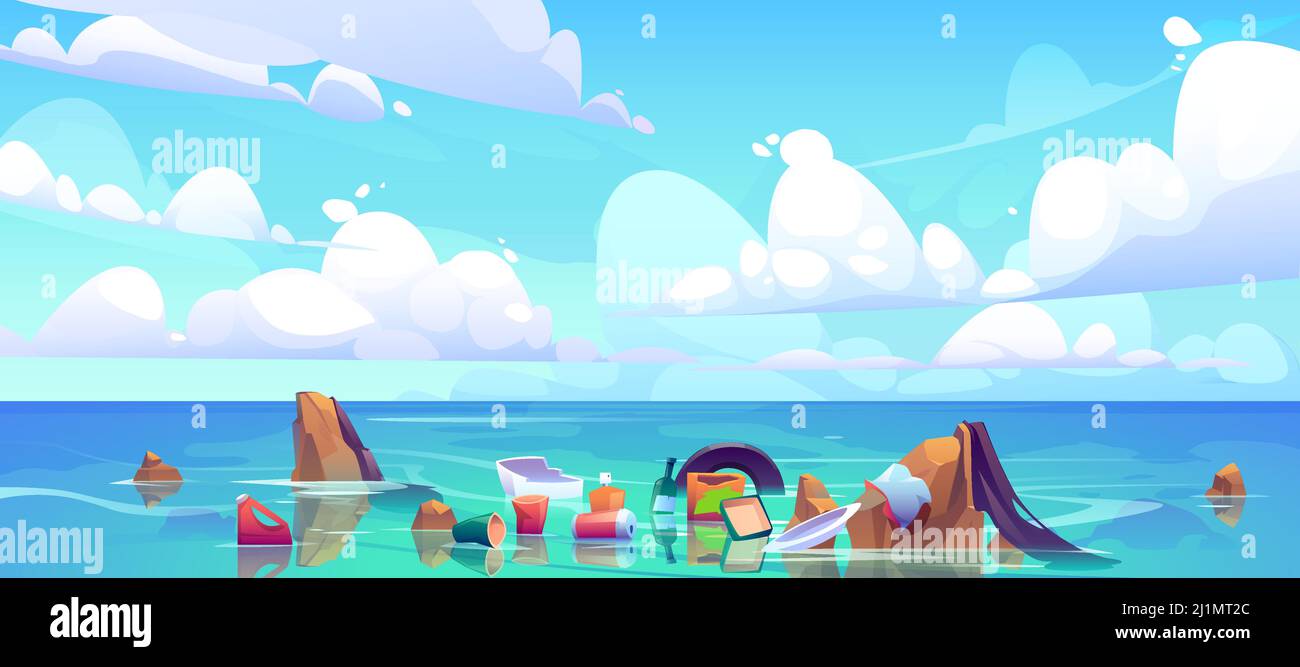 Pollution sea by plastic trash, garbage in water. Vector cartoon ...