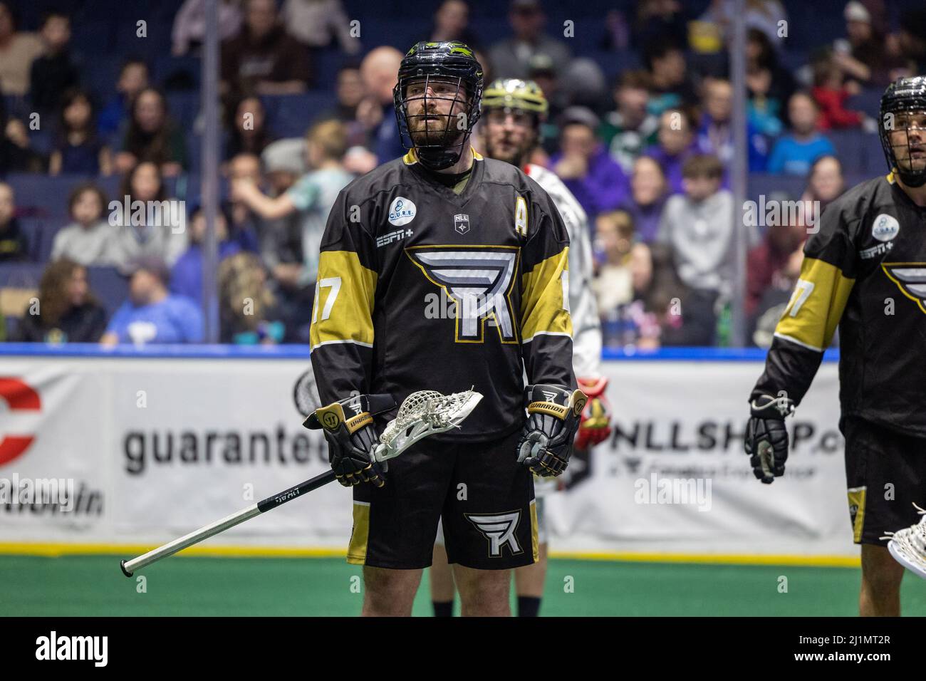 March 26, 2022: Rochester Knighthawks transitional Ryland Rees looks on ...