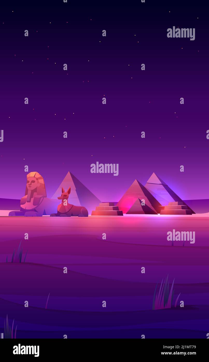 Egyptian desert with pyramids, sphinx and Anubis statue at night ...