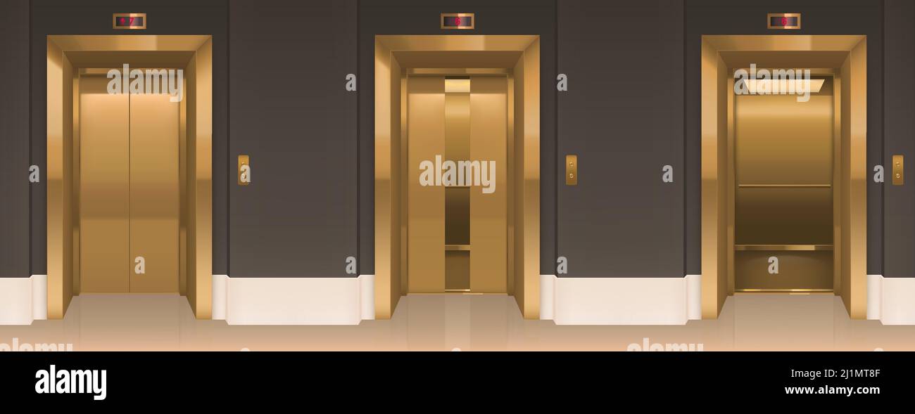 Golden lift doors. Office hallway with closed, slightly ajar and open ...