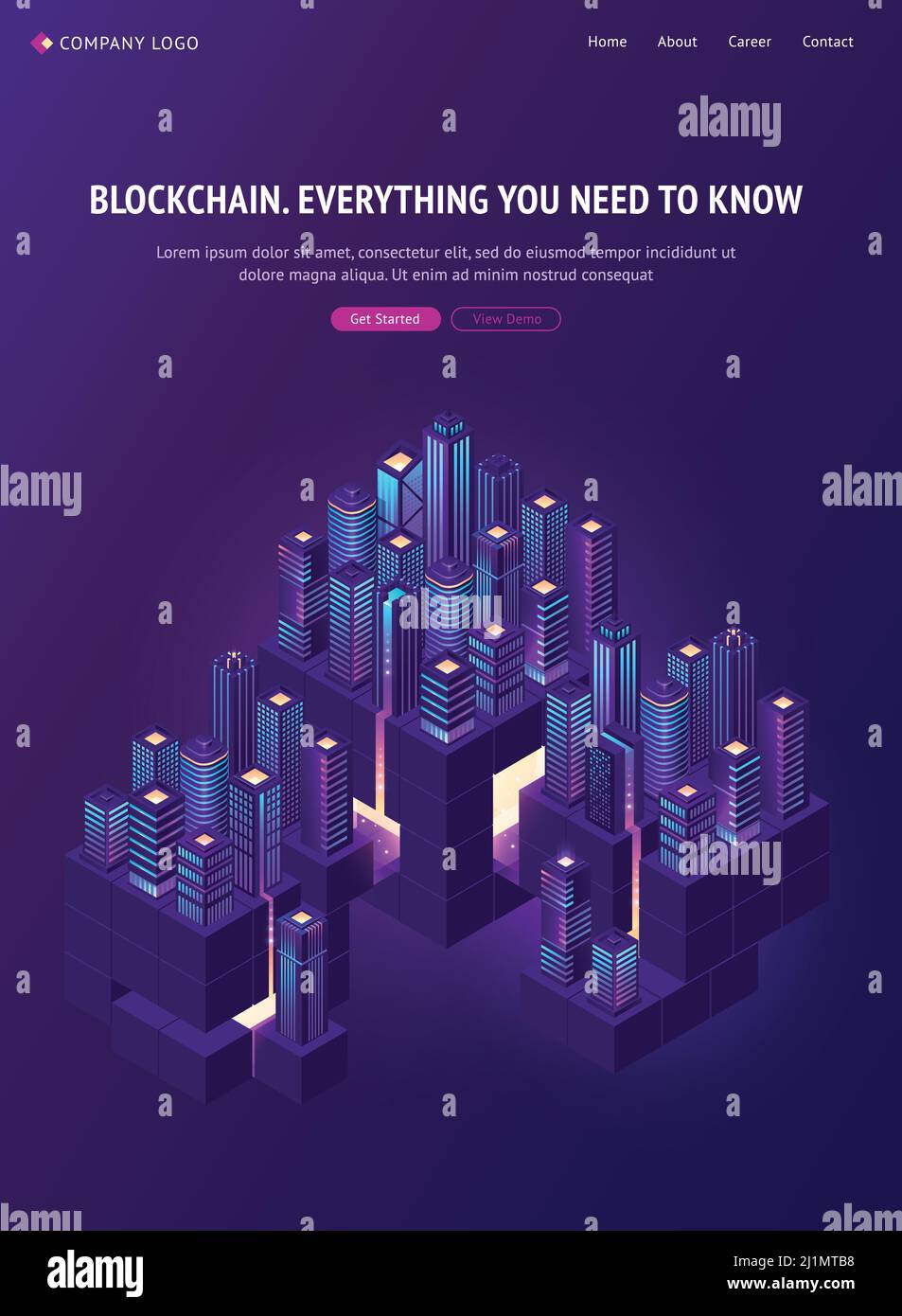 Blockchain technology in smartcity isometric landing page. Smart city ...