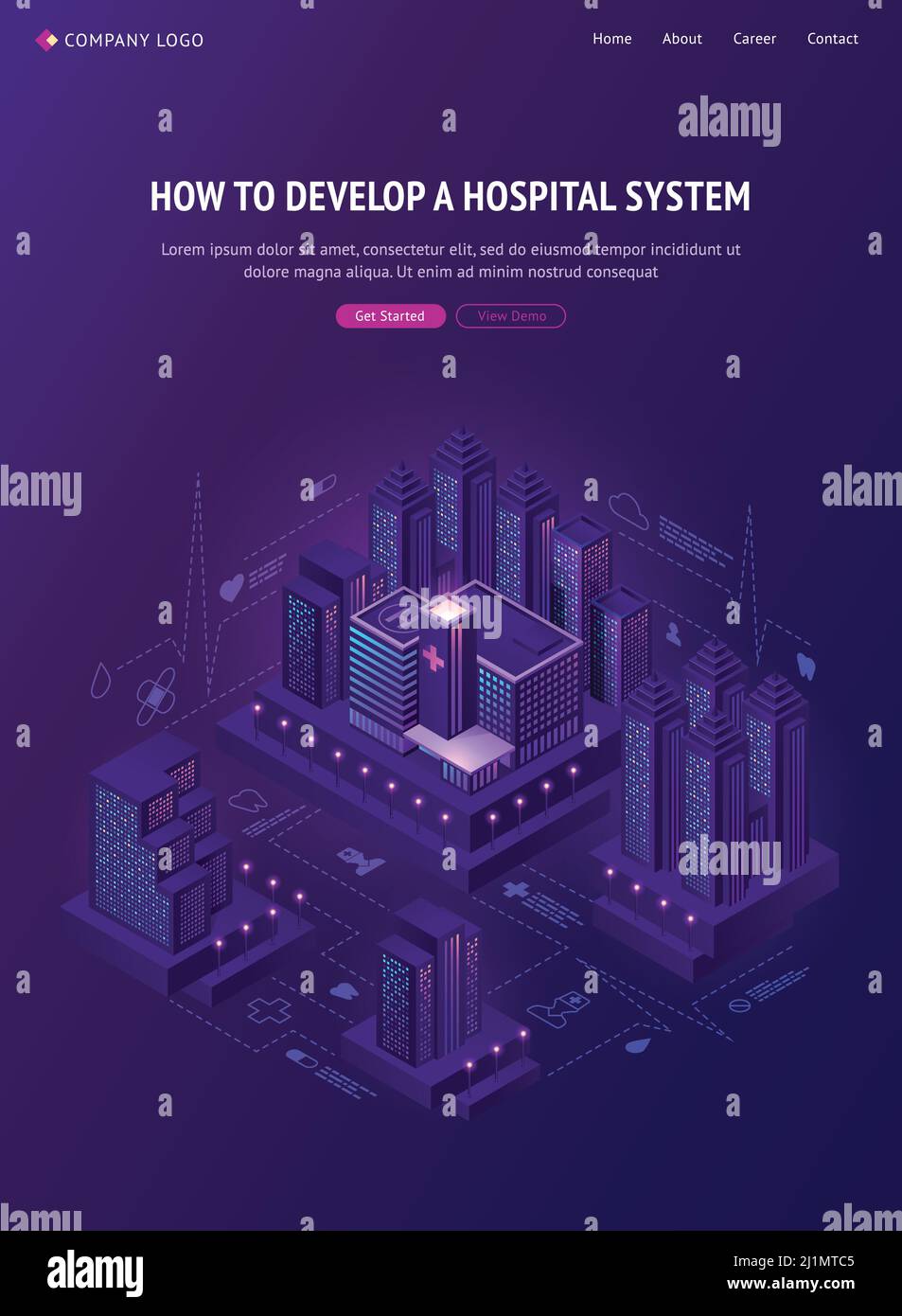 Smart city hospital system isometric landing page. Futuristic medicine ...