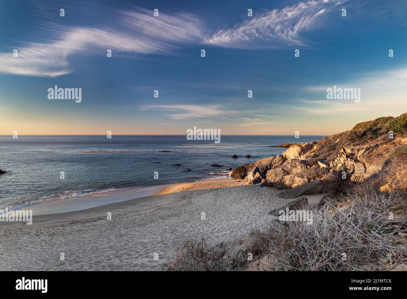 Sandy beach above Malibu, California in early morning. Calm Pacific ...