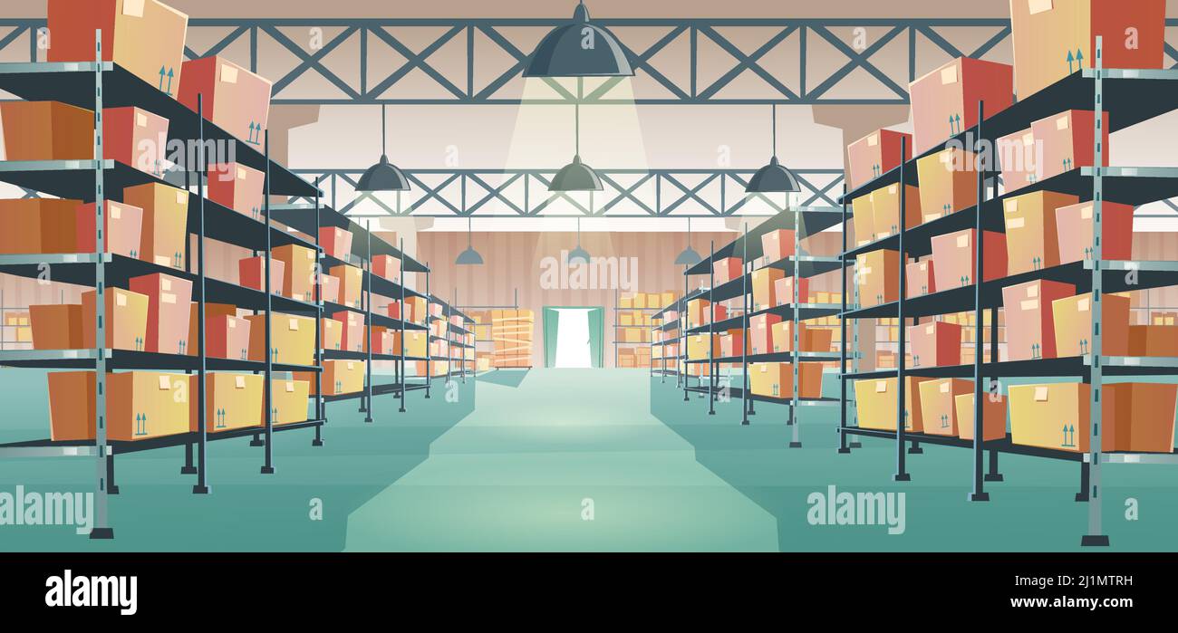 Warehouse interior with cardboard boxes on metal racks. Vector cartoon ...