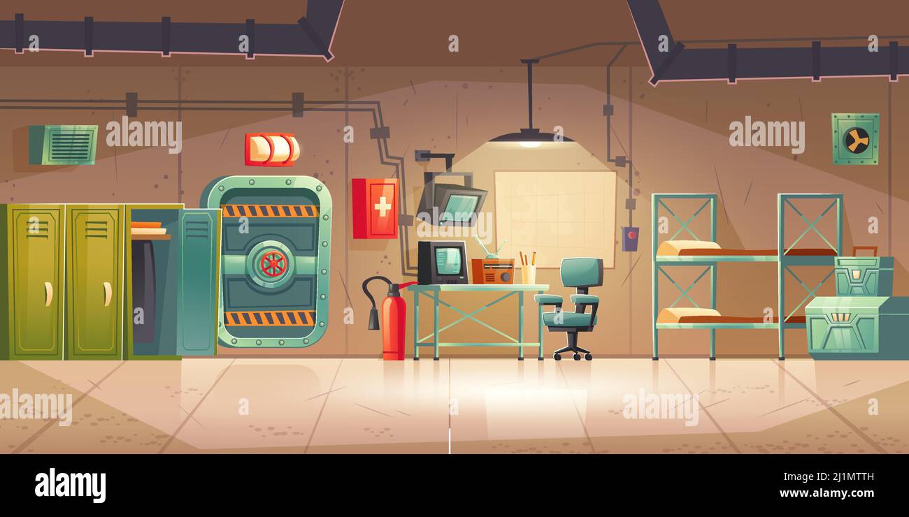 Underground bunker, empty bomb shelter control room, headquarters base ...