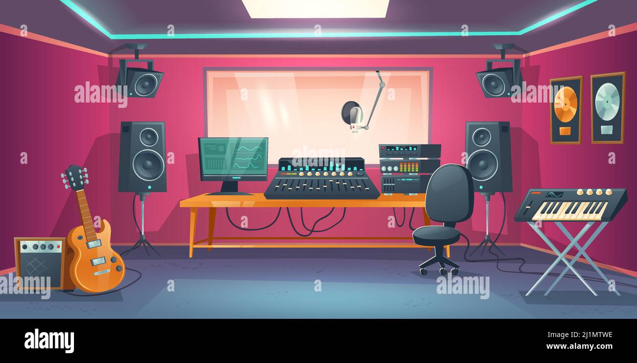 Music studio control room and singer booth behind glass. Vector cartoon ...