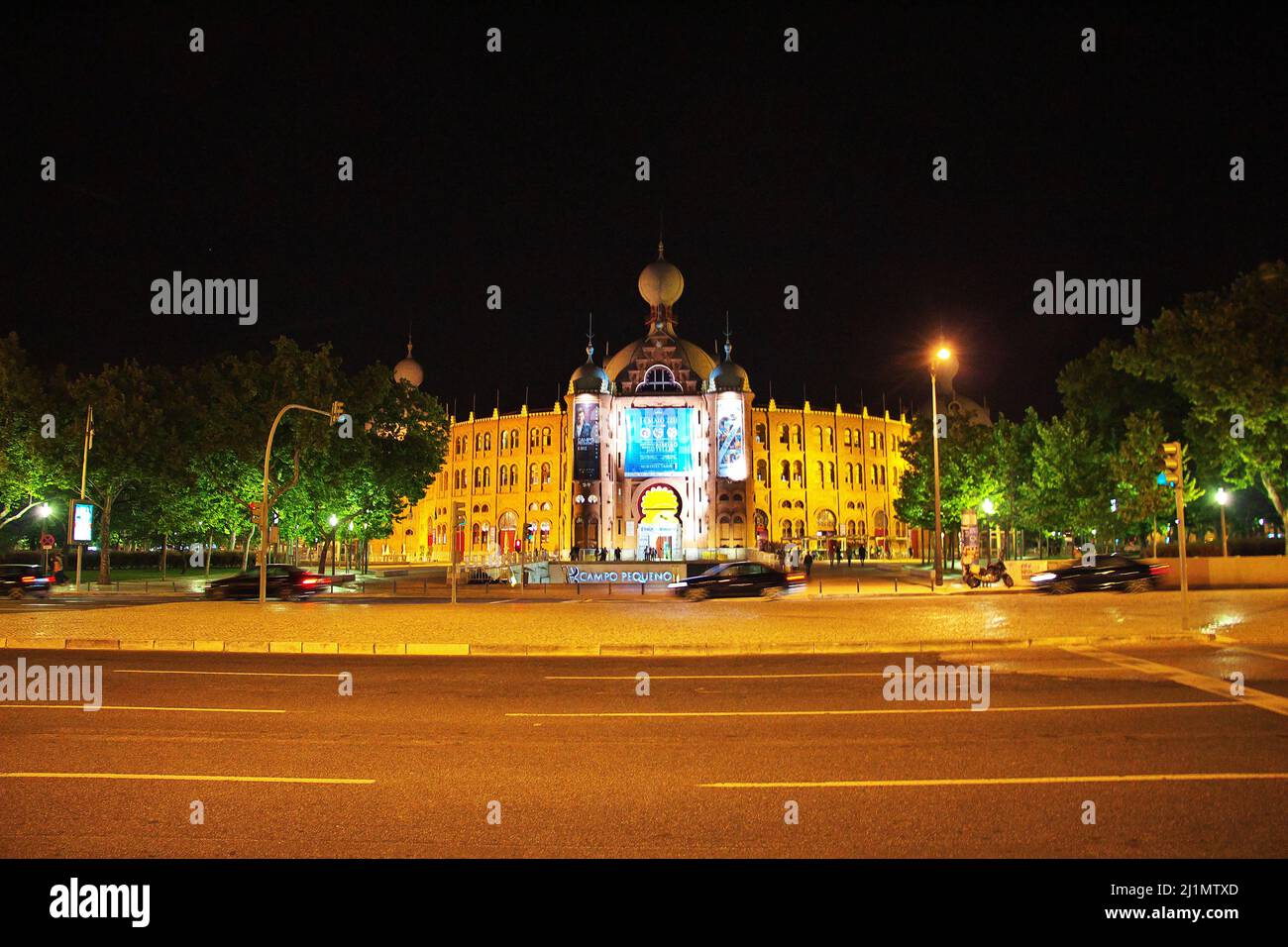 The bullfighting stadium in Lisbon city at night, Portugal Stock Photo ...