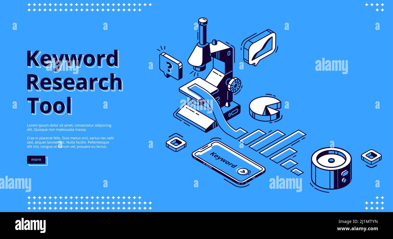 Keyword research tool banner with isometric icons on blue background ...