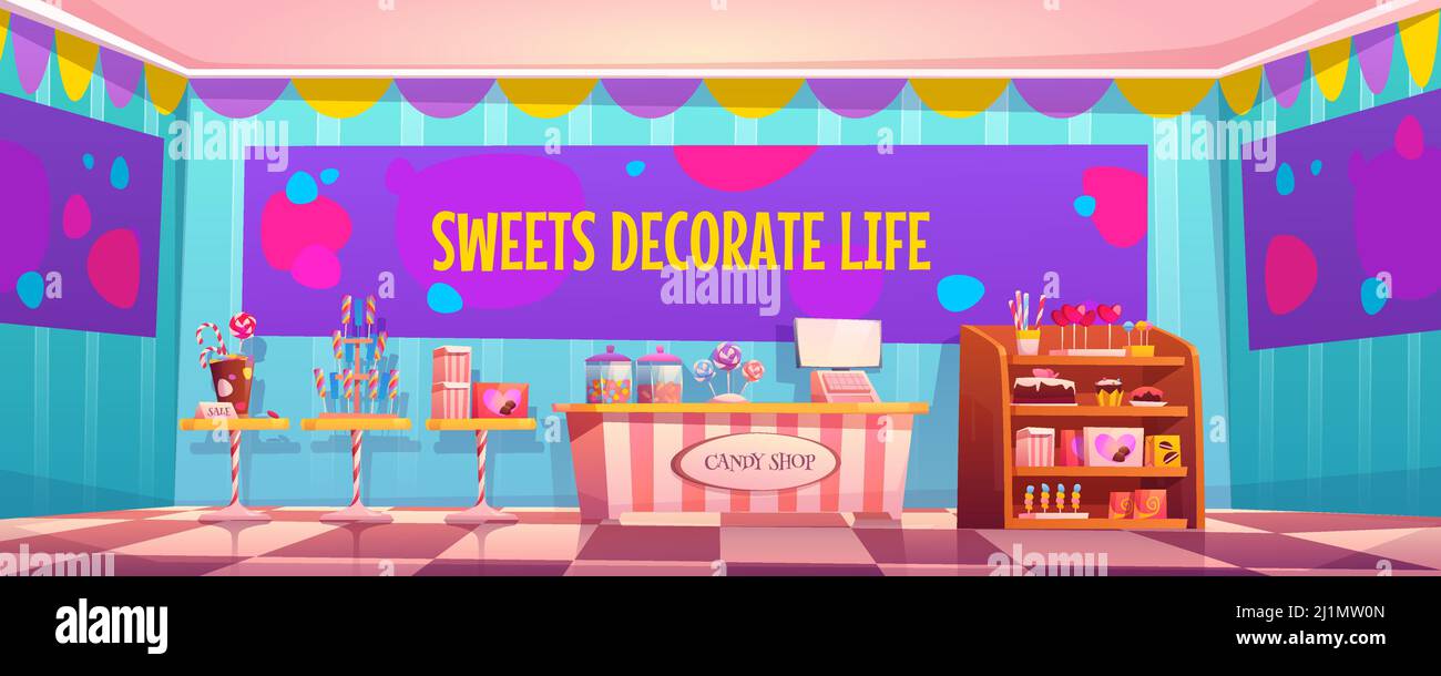 Candy shop empty interior with various pastry, cashier desk, shelf and ...