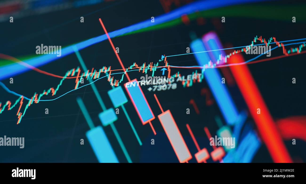 graph and indicator, red and green candlestick chart on blue theme ...
