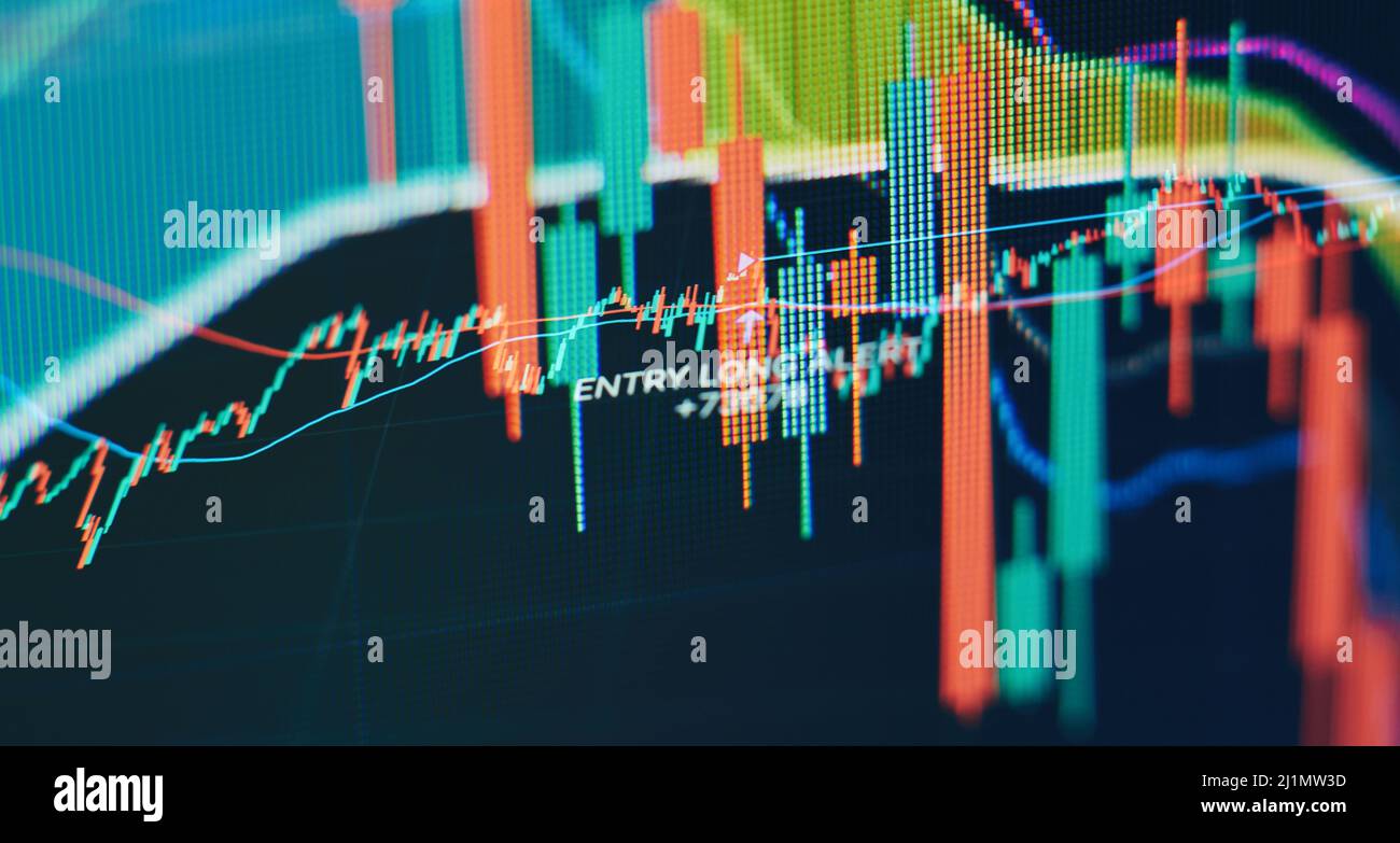 graph and indicator, red and green candlestick chart on blue theme ...