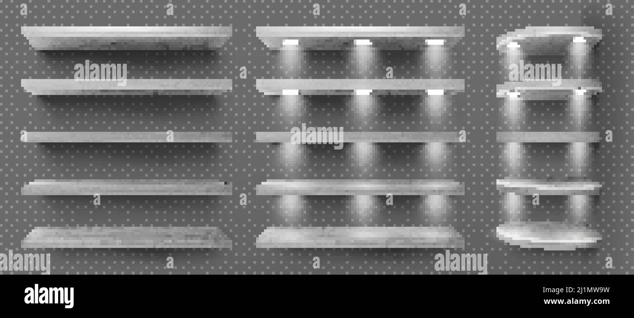 Gray wooden shelves with backlight, front and corner racks on ...