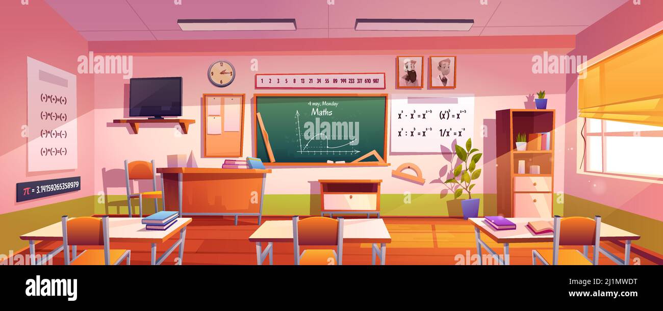 Classroom for math study with graph on chalkboard. Vector cartoon ...