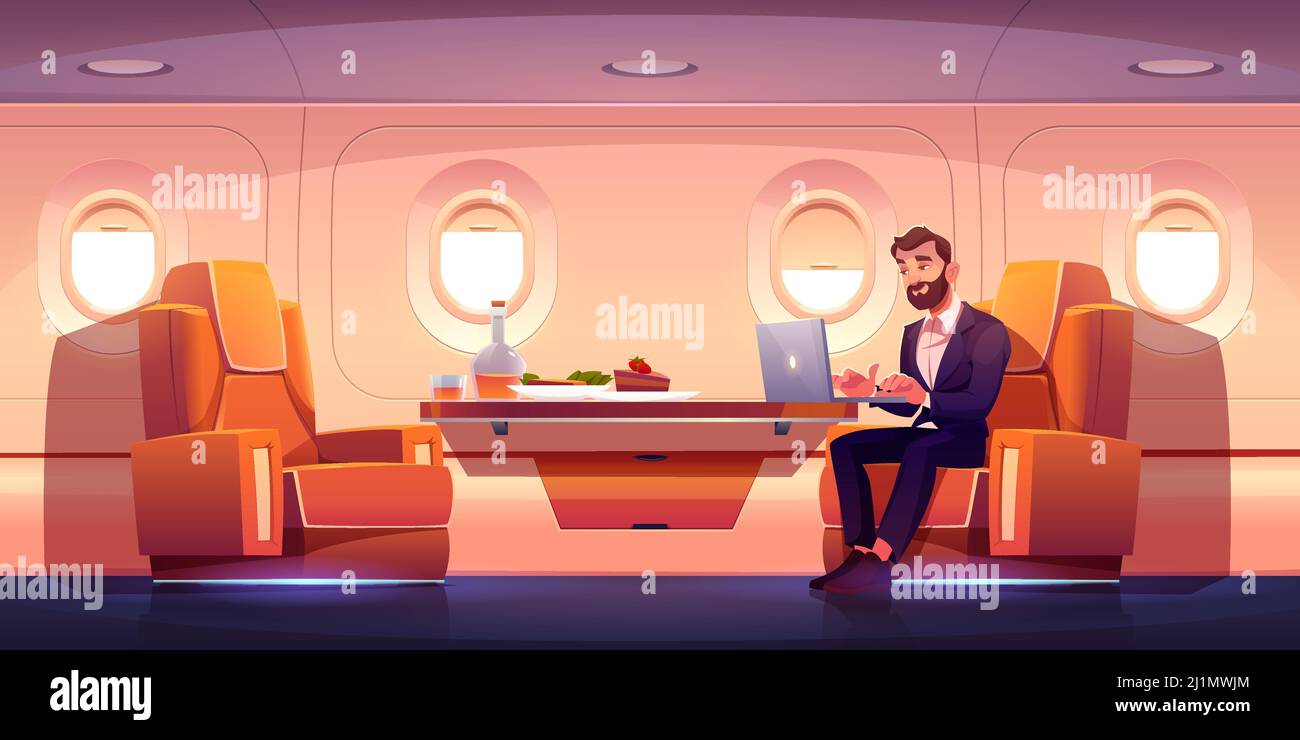 Business class in airplane. Luxury interior of private jet. Vector ...