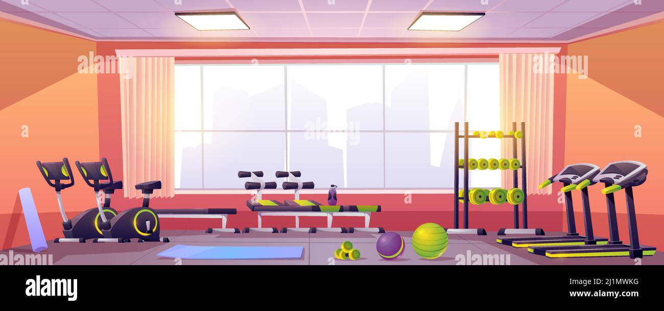 Sport and fitness equipment in gym. Vector cartoon interior of training ...