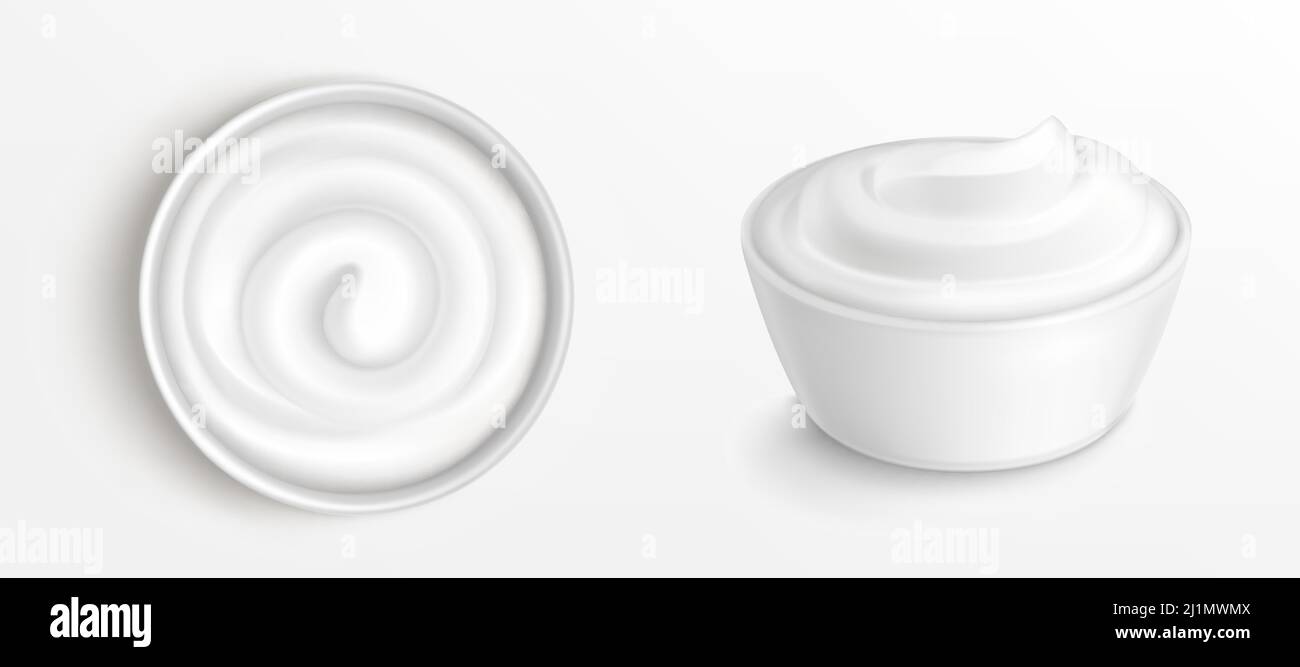 Bowl with sauce, cream. mayonnaise or yogurt top and front view. White ...