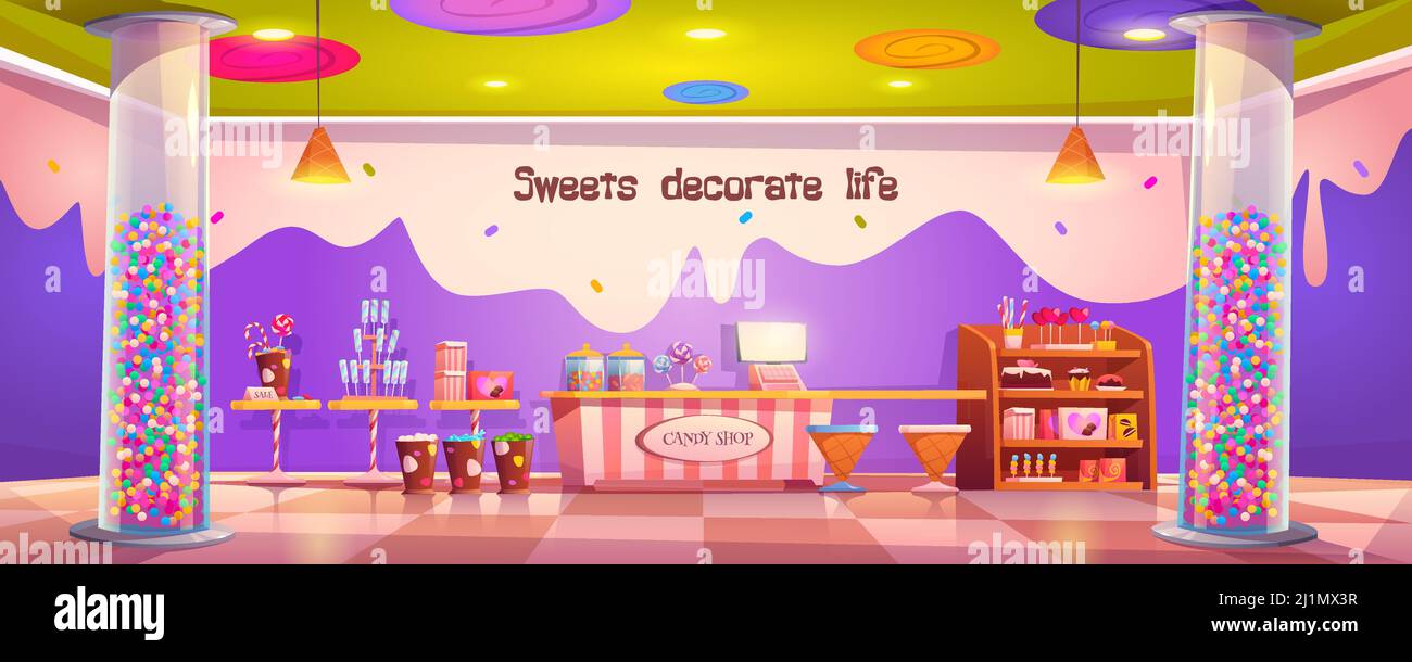 Candy shop empty interior with various pastry, cashier desk, shelf and ...