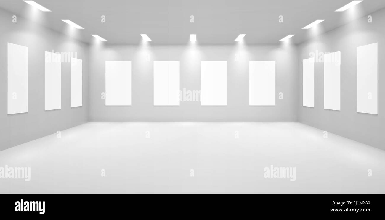 Art gallery empty 3d room with white walls, illumination lamps and ...