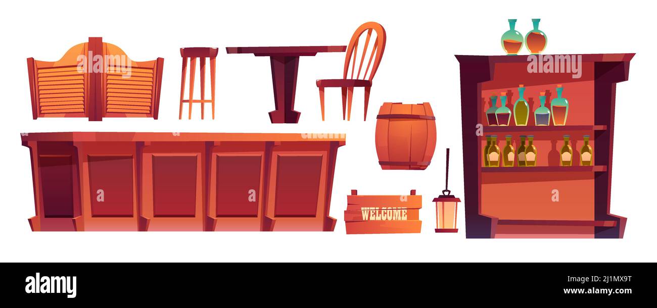 Cowboy saloon, western retro bar furniture and stuff set. Wooden swing ...