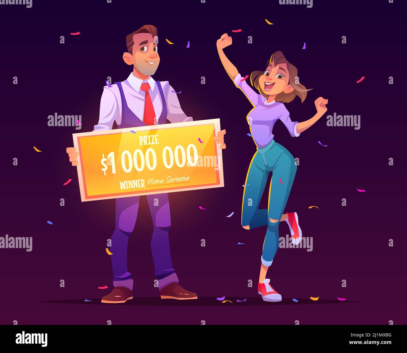 Lucky girl win lottery jackpot. Happy winner and man holding bank check ...