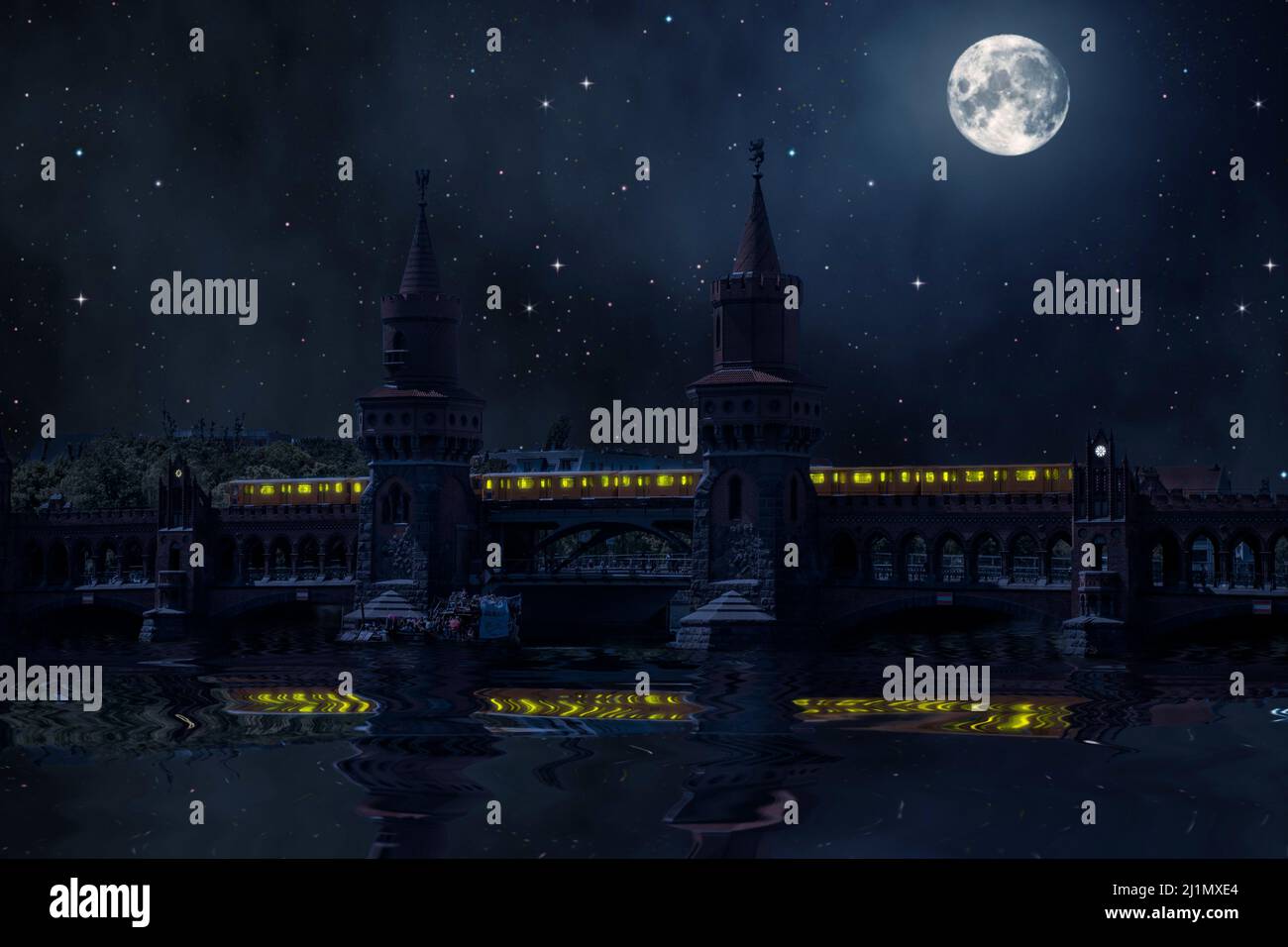 The Full Moon and starry night sky over a historical building reflected ...