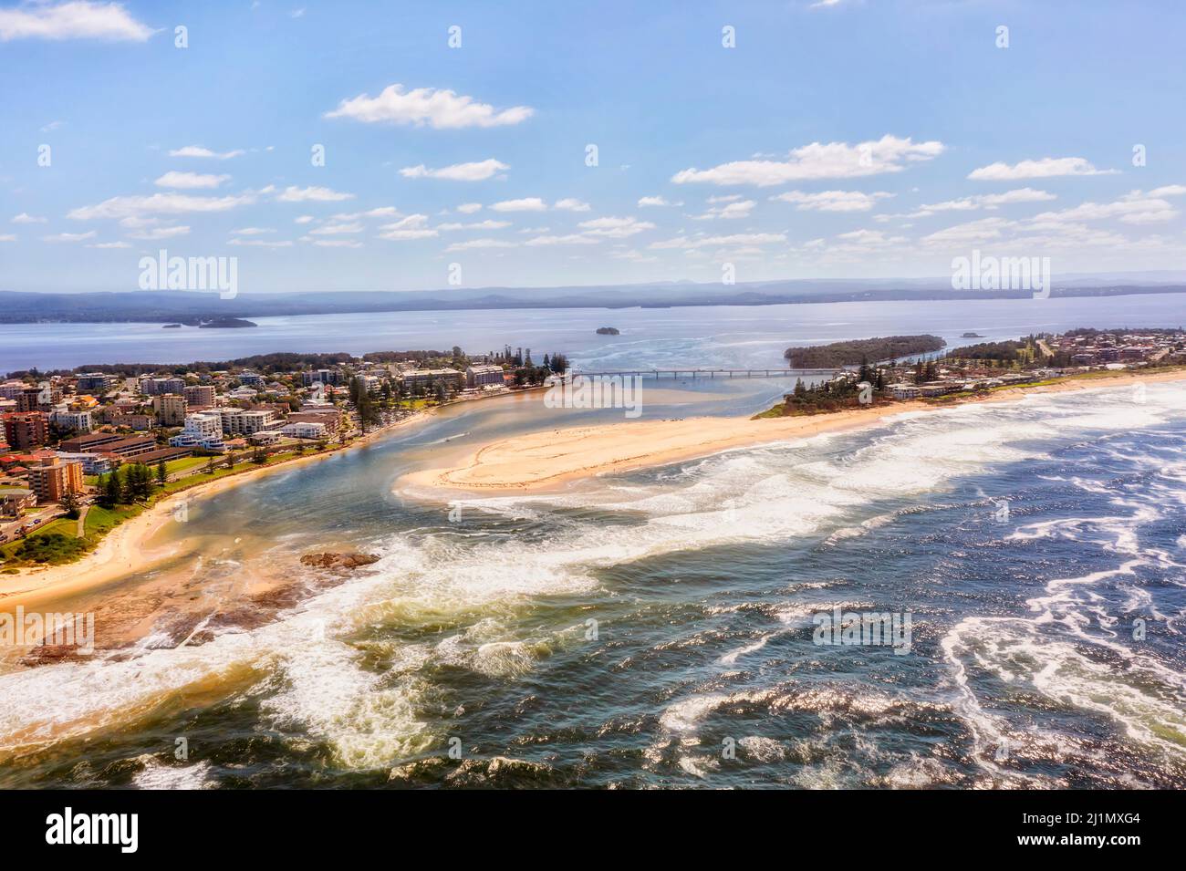 Delta of Tuggerah lake with sandy lagoon enterign Pacific ocean in The ...