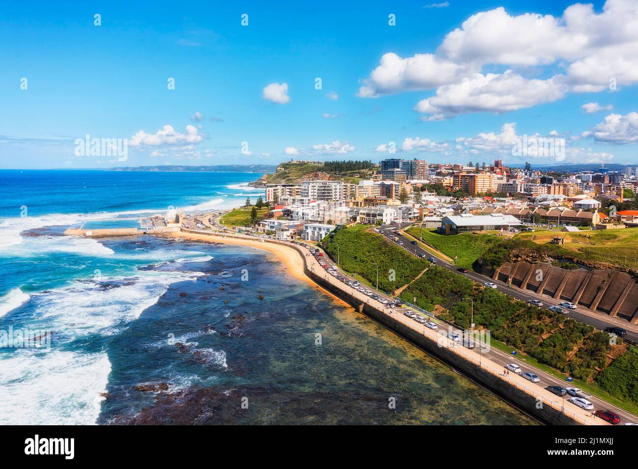 Aerial view of Newcastle city CBD from Pacific ocean over Newcastle ...