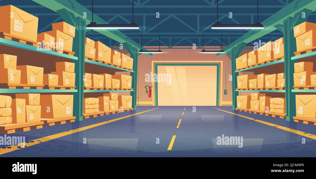 Warehouse interior, logistics, cargo and goods delivery postal service ...
