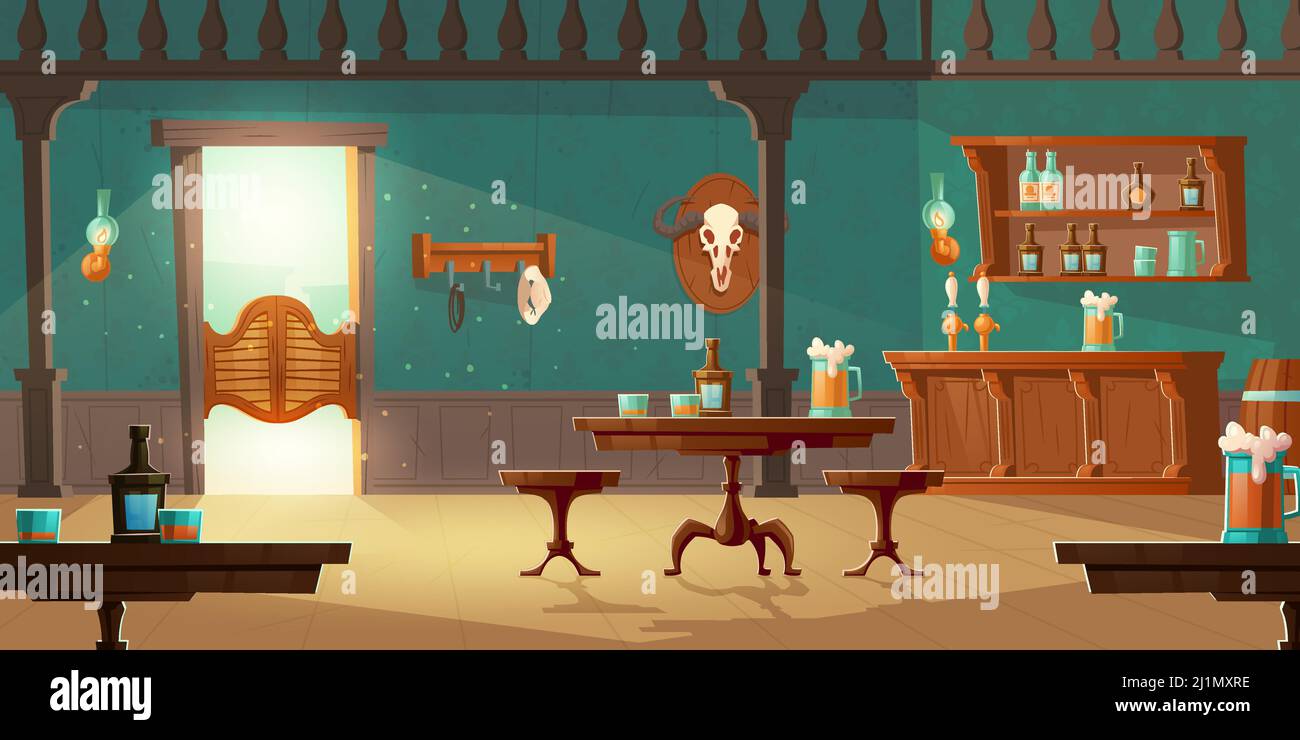Cowboy saloon, western retro bar empty interior with wooden furniture ...