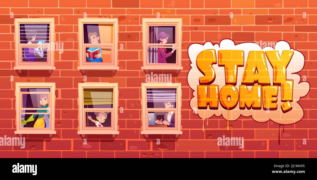 House facade with windows and people act. Stay home lettering on brick ...
