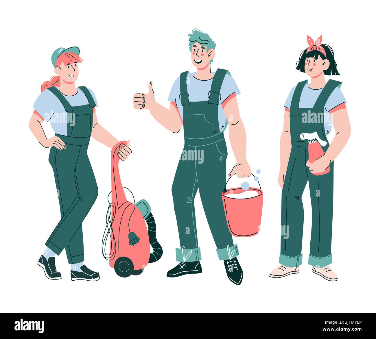 Cleaning staff characters with cleaning equipment and tools, cartoon ...