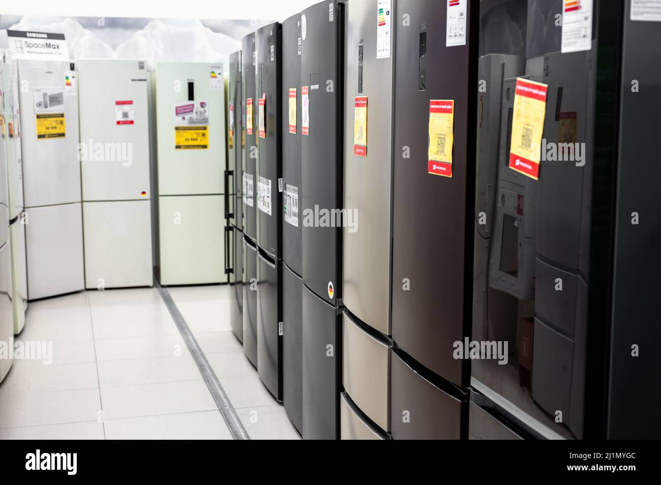 Kassel, Germany - March 28, 2022: Row of Refrigerator in Hypermarket ...