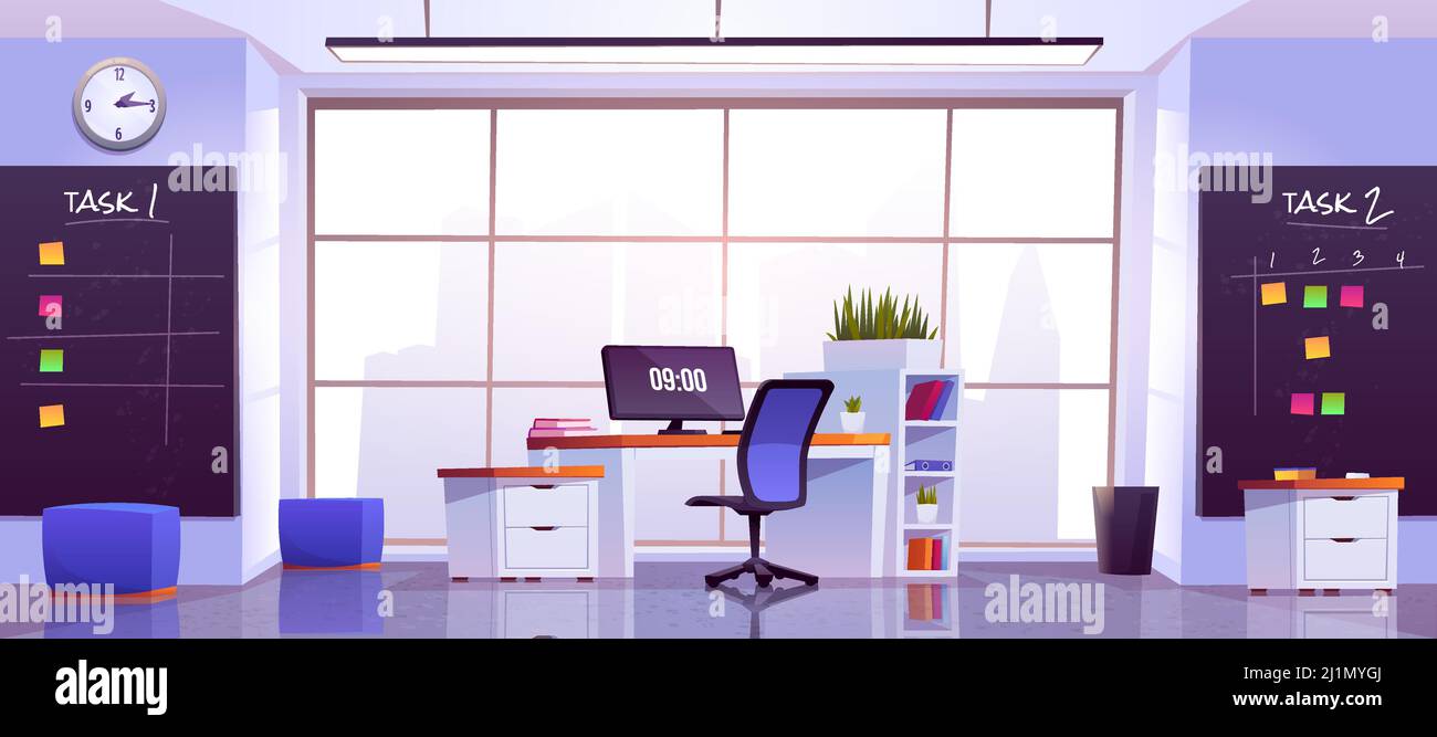 Office workplace interior with computer table, pc monitor, shelves ...