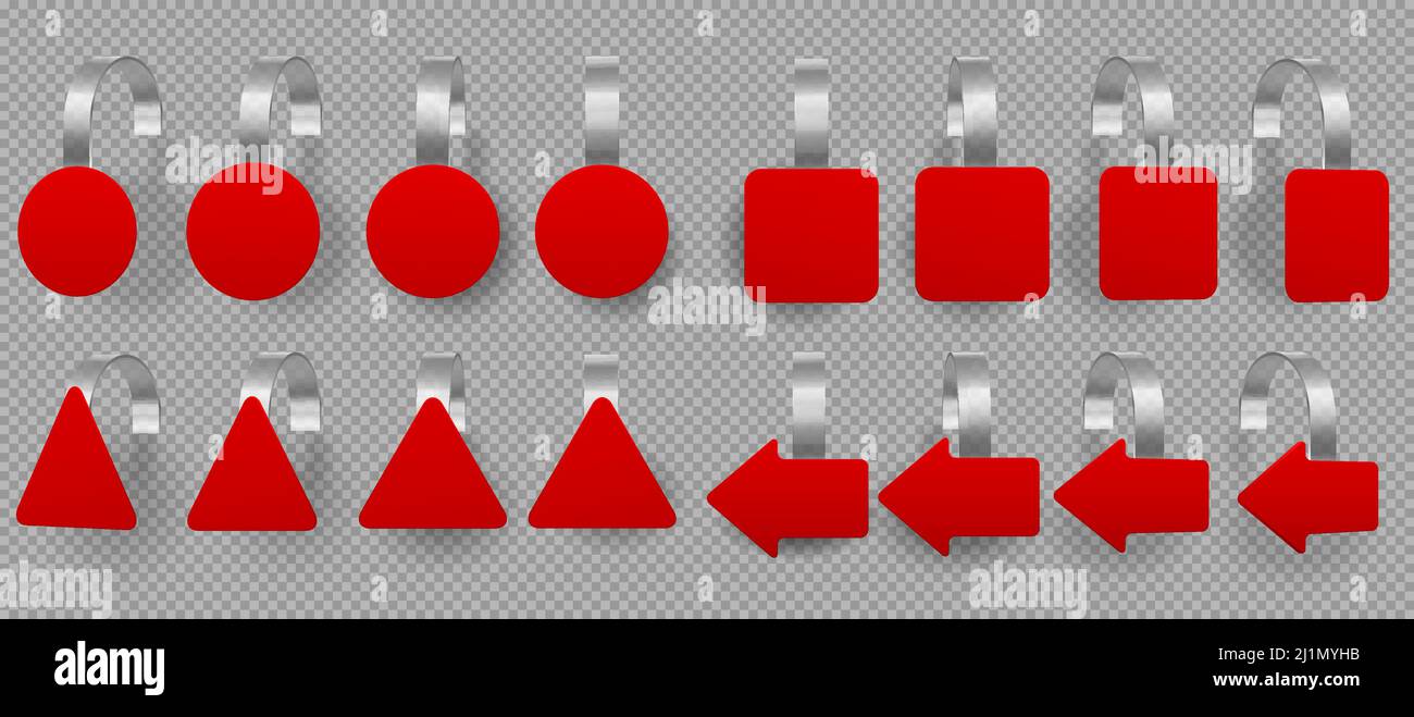Red wobblers mockup. Round, square, triangle and arrow shape price tags ...