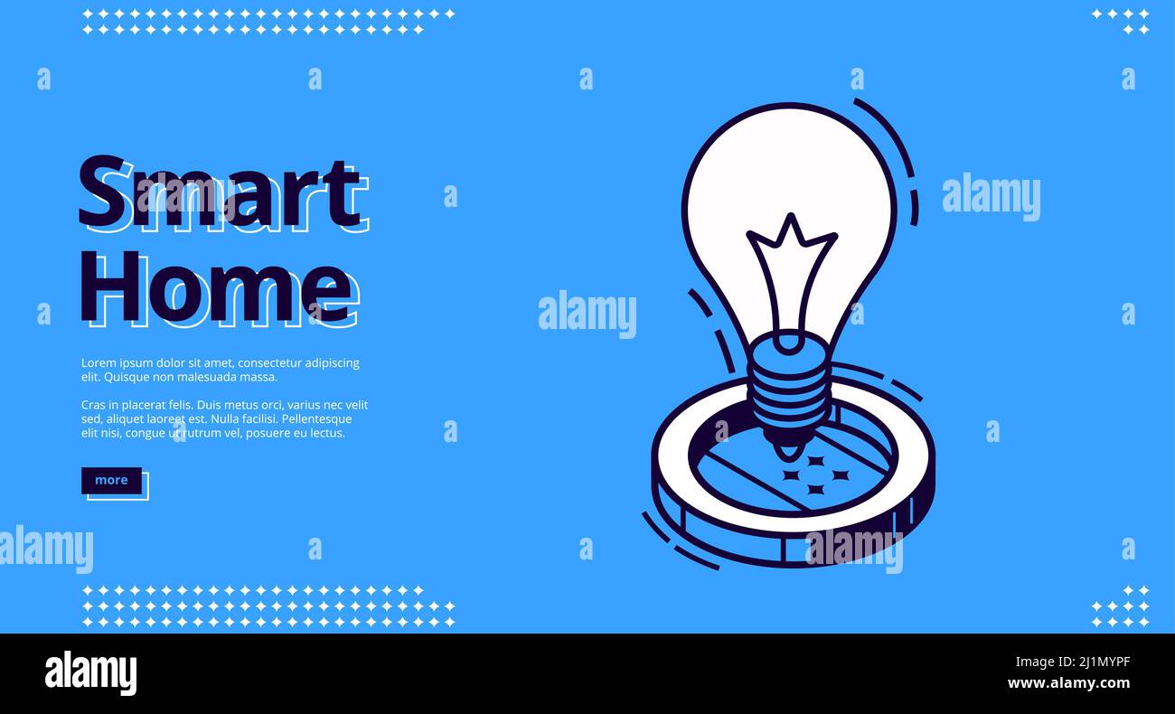 Smart home isometric web banner with iot glowing light bulb. House lamp ...