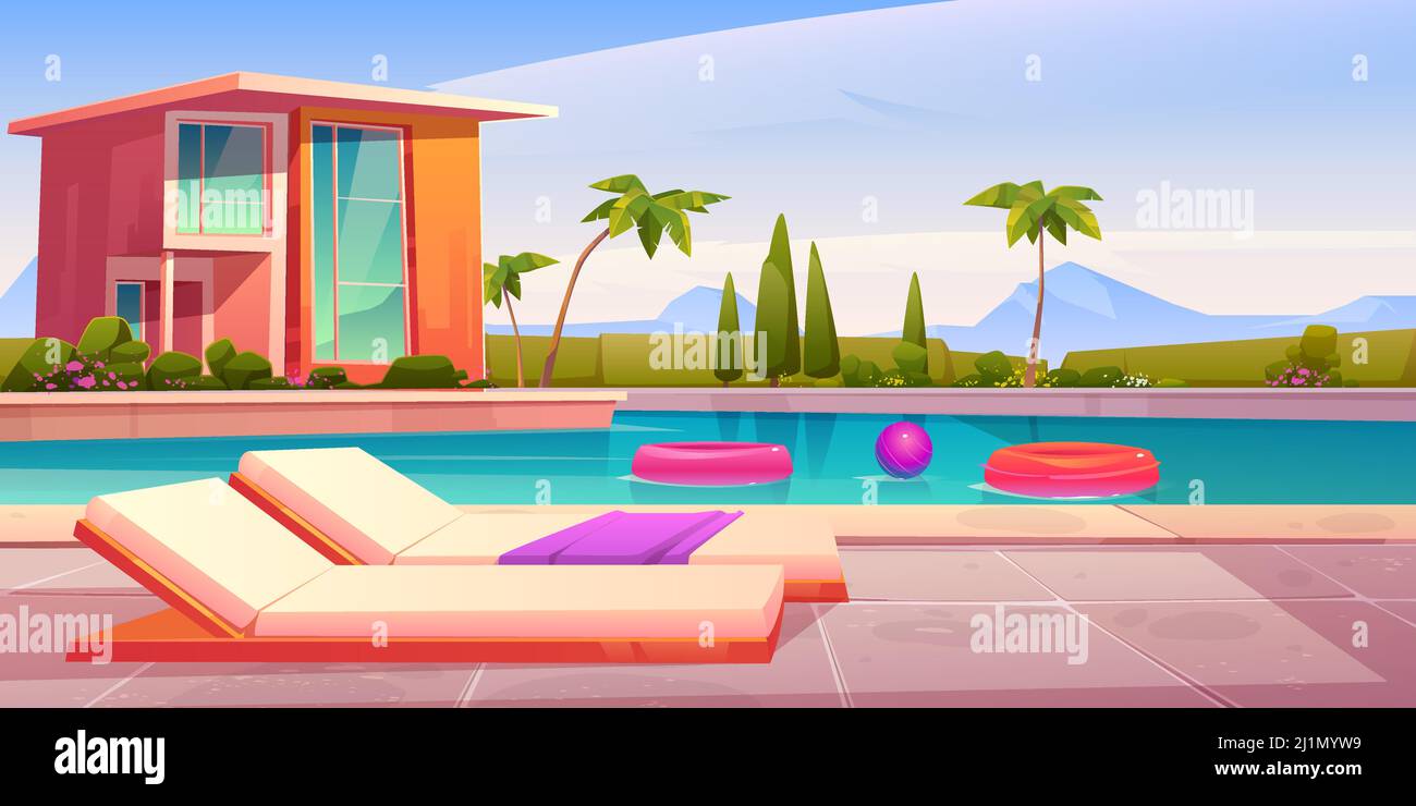 House and swimming pool with deck chairs on poolside and balls in water ...