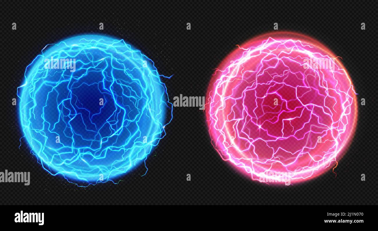 Electric balls, lightning circle strike, plasma spheres in blue and ...