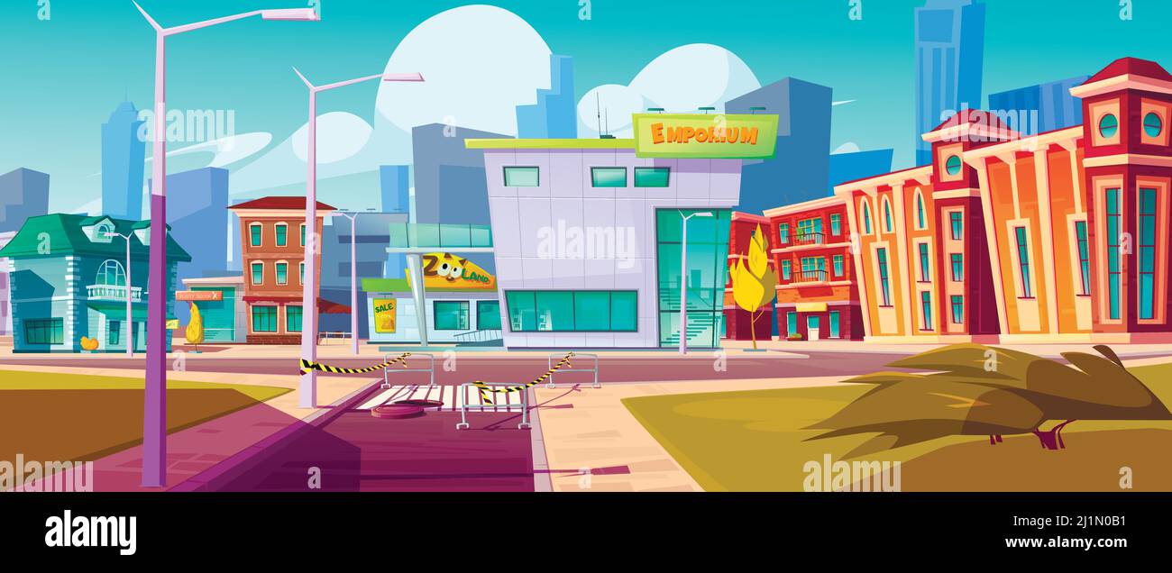 Urban landscape with shopping mall, residential buildings and fenced ...