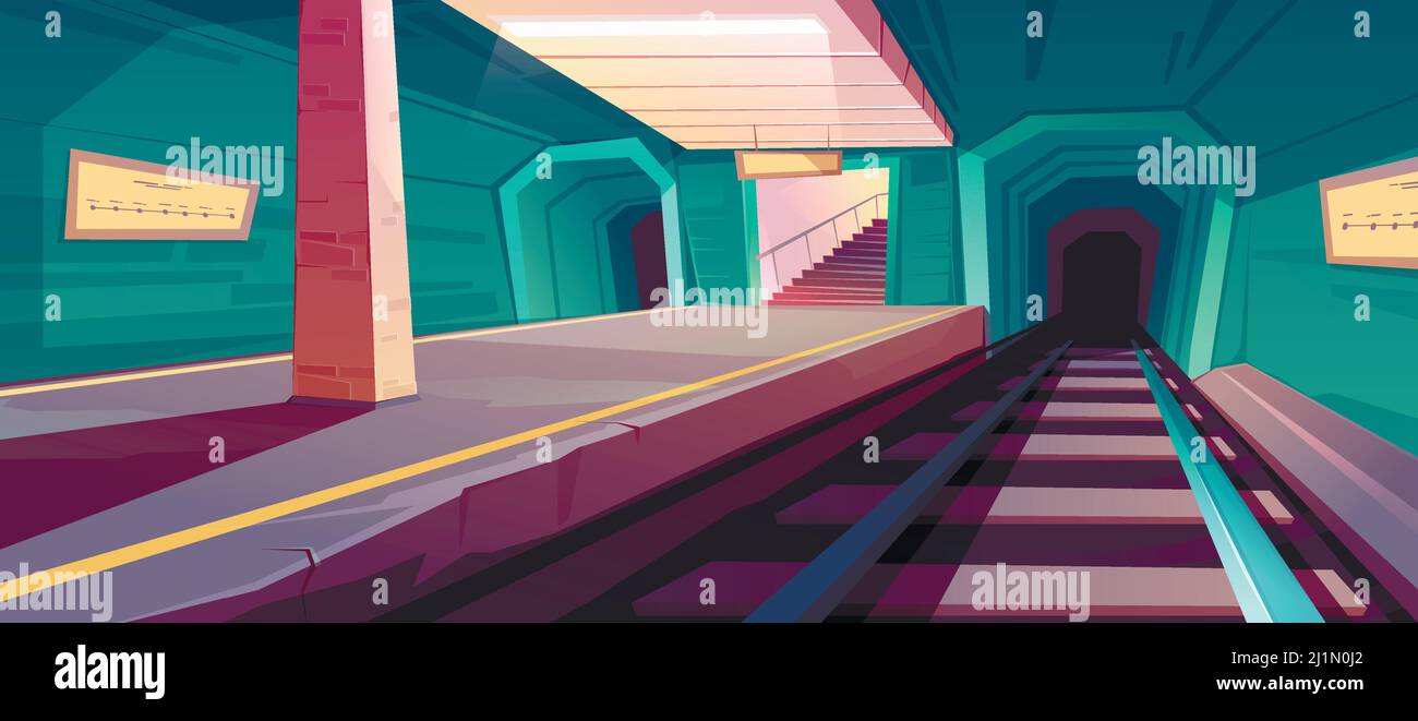 Metro station, empty subway platform, underground tunnel for train ...