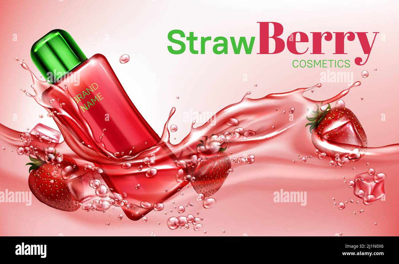 Strawberry cosmetics bottle floating in water with ice cubes and ripe ...
