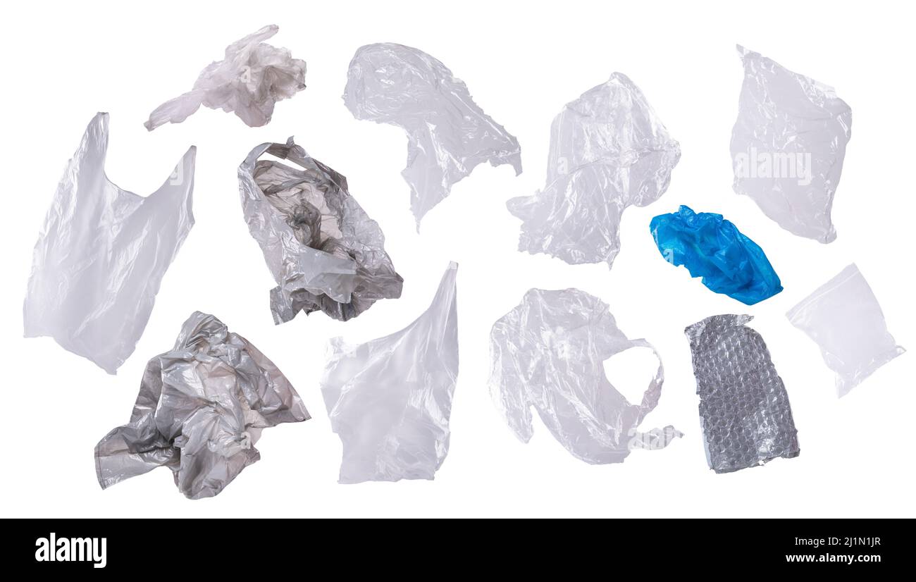 Used plastic bags and wrapping isolated on white background Stock Photo ...