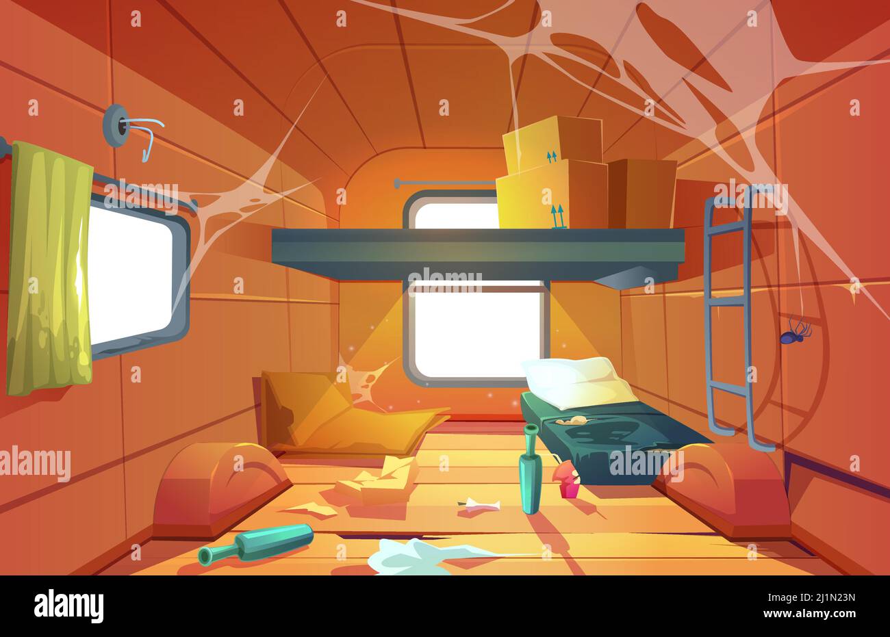 Poor dirty interior of camper. Vector cartoon illustration of poverty ...