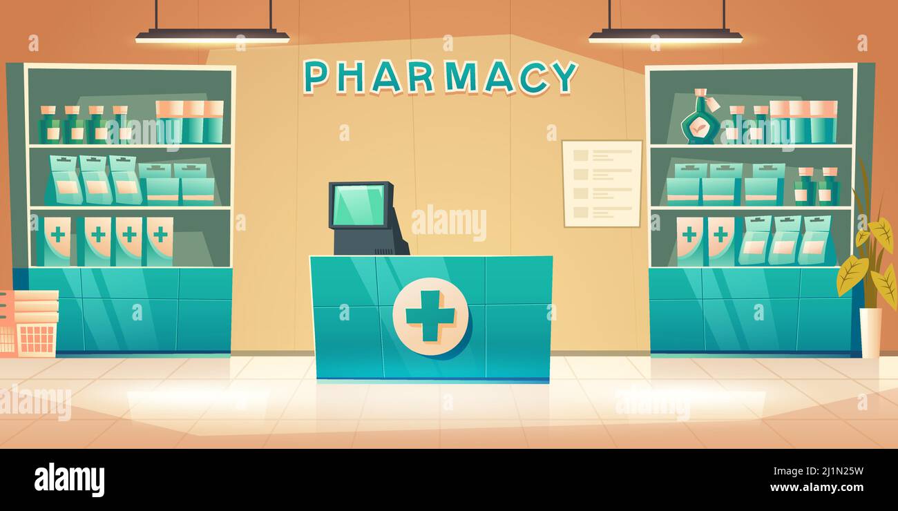 Pharmacy interior, modern drugstore with counter, medical products and ...