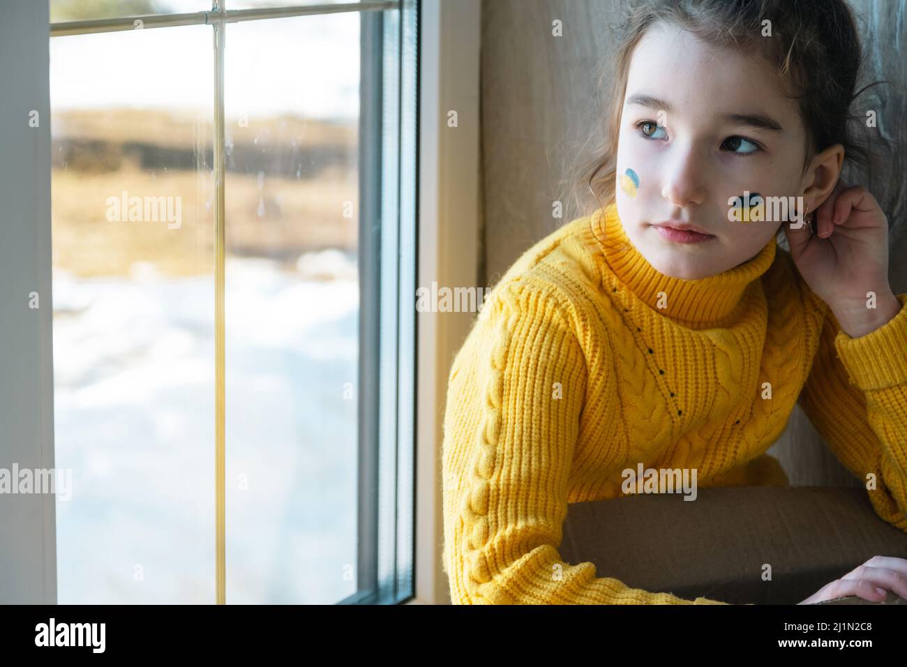 A child on the window with a humanitarian aid box with the flag of ...