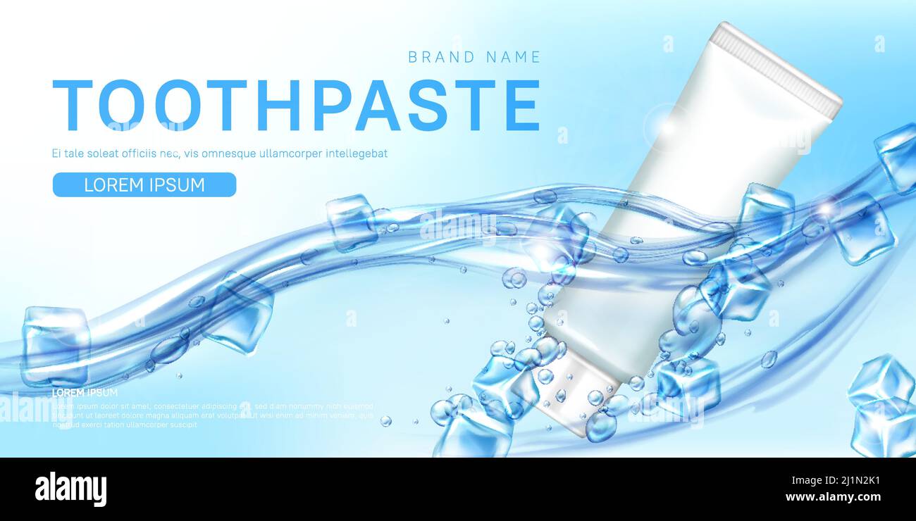 Toothpaste tube in water splash with ice cubes. Vector realistic brand ...