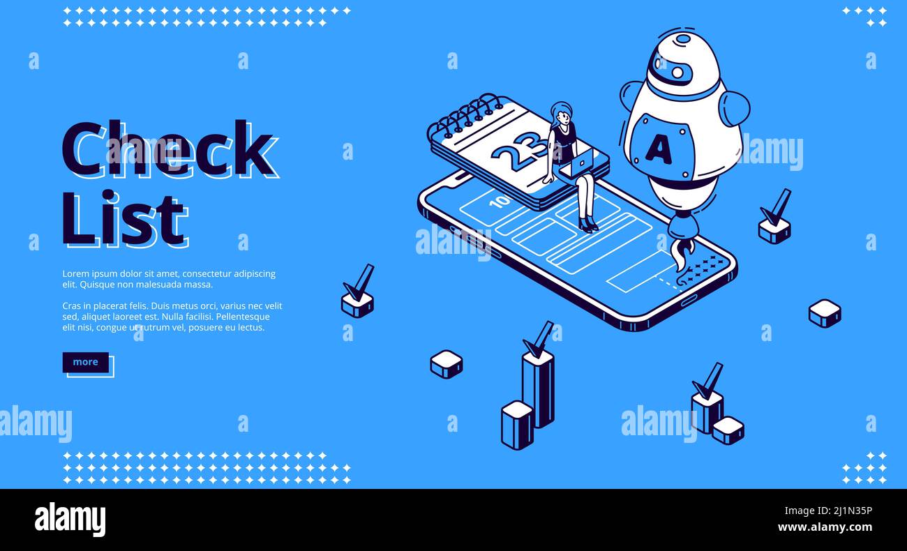 Check list isometric landing page. Business woman and ai robot at huge ...