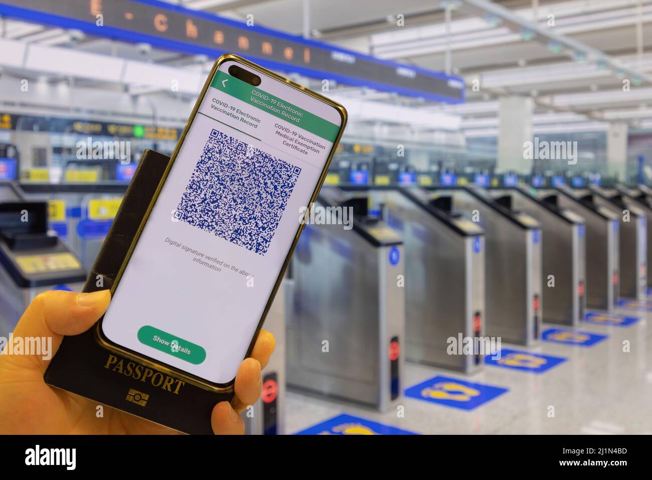 Vaccine pass in mobile phone app and passport required to take airplane ...